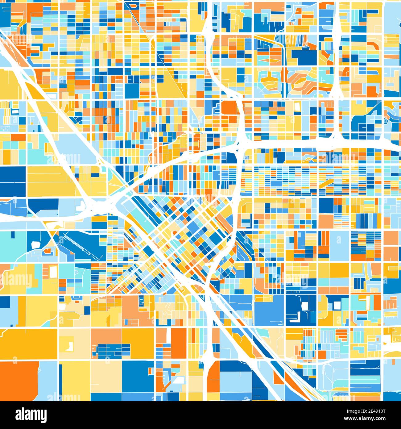 Color art map of Fresno, California, UnitedStates in blues and oranges ...