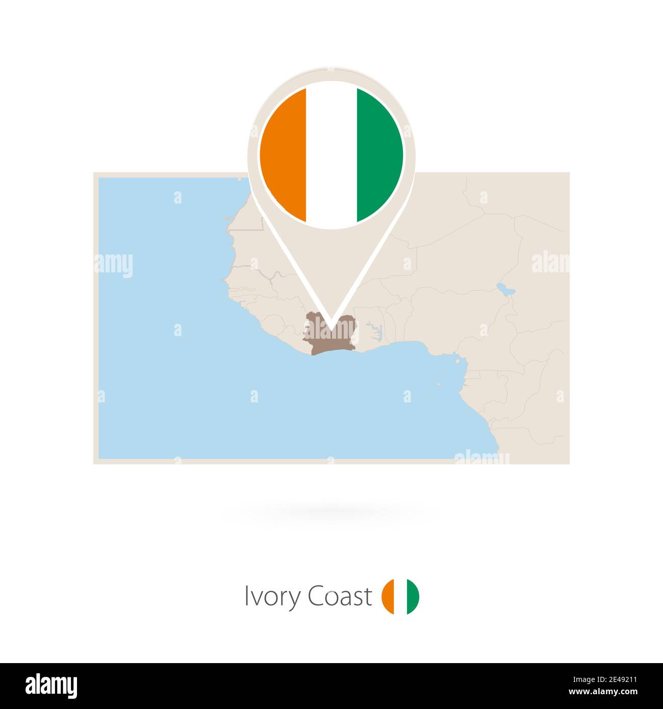 Rectangular map of Ivory coast with pin icon of Ivory coast Stock ...