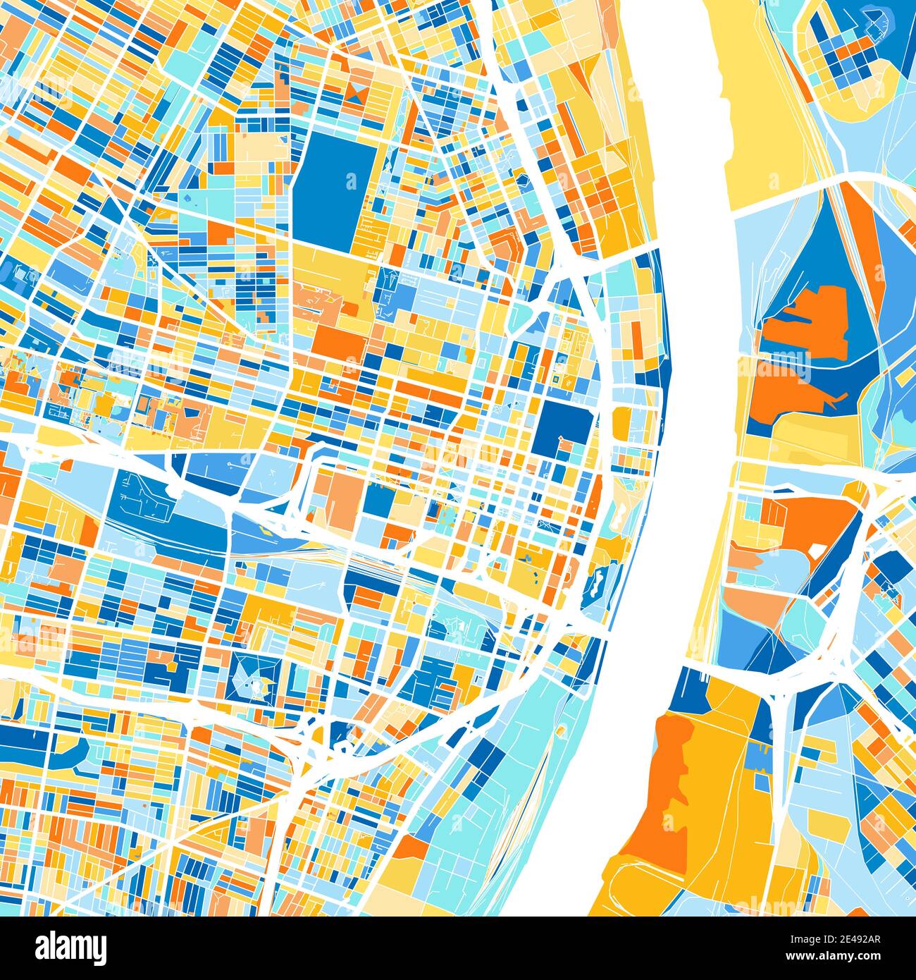 Color art map of St-Louis, Missouri, UnitedStates in blues and oranges ...