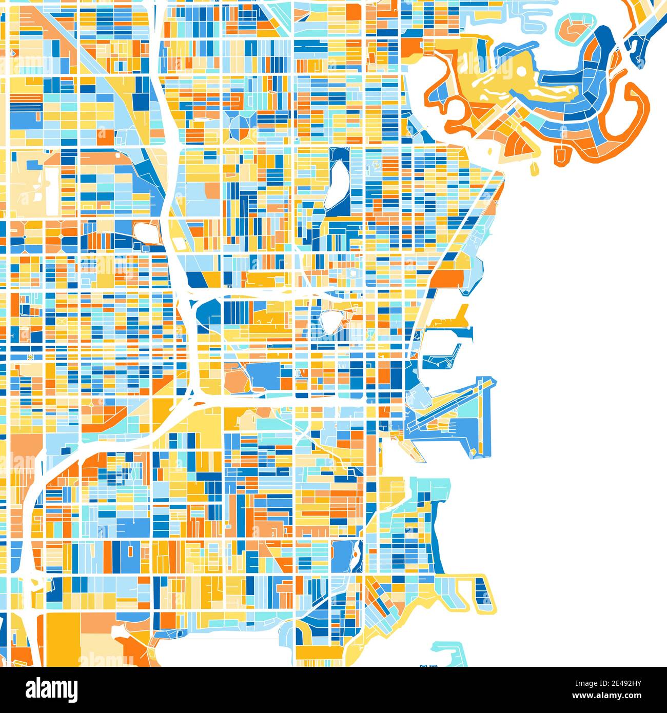 Color art map of Norfolk, Virginia, UnitedStates in blues and oranges ...