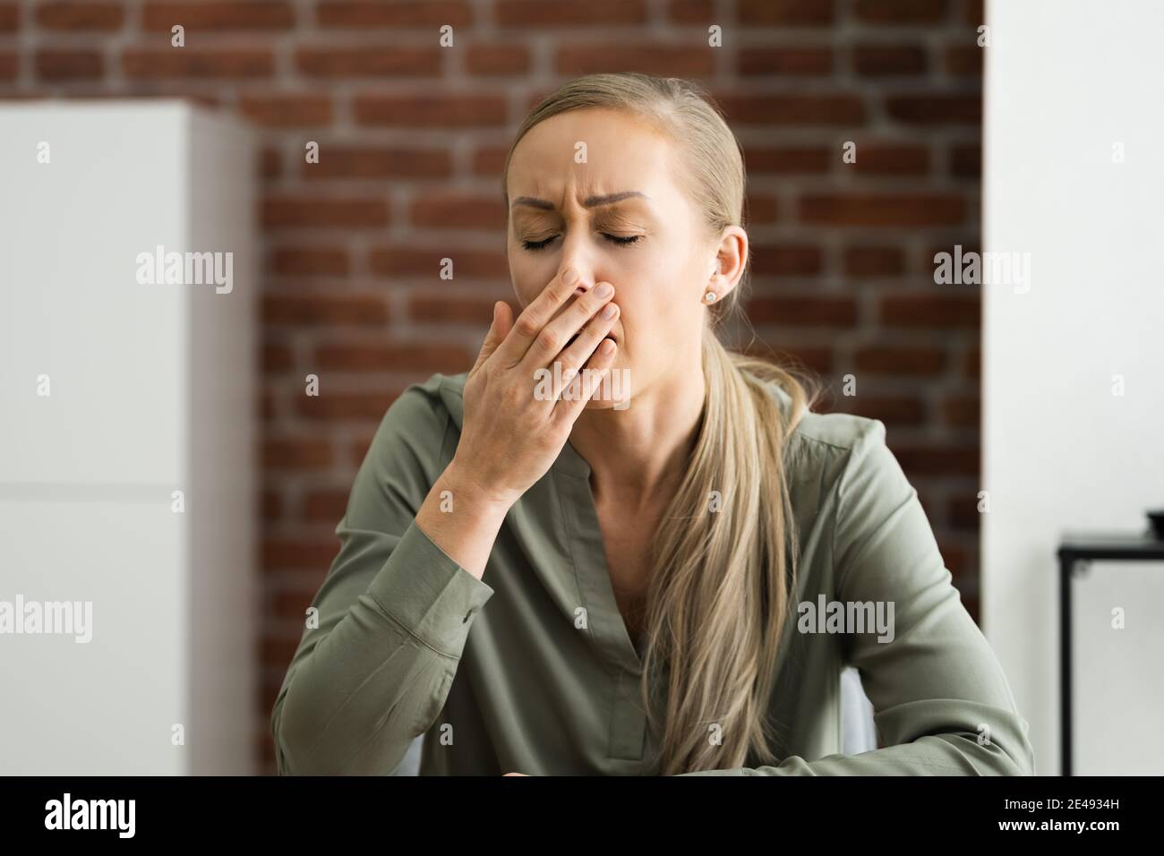 Sleepy Employee Person Portrait In Video Conference Call Stock Photo ...