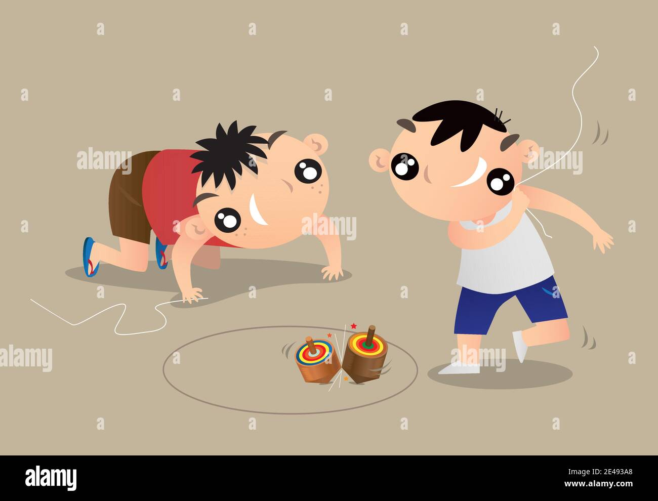 Cartoon illustration of two Hong Kong kids playing traditional spinning ...