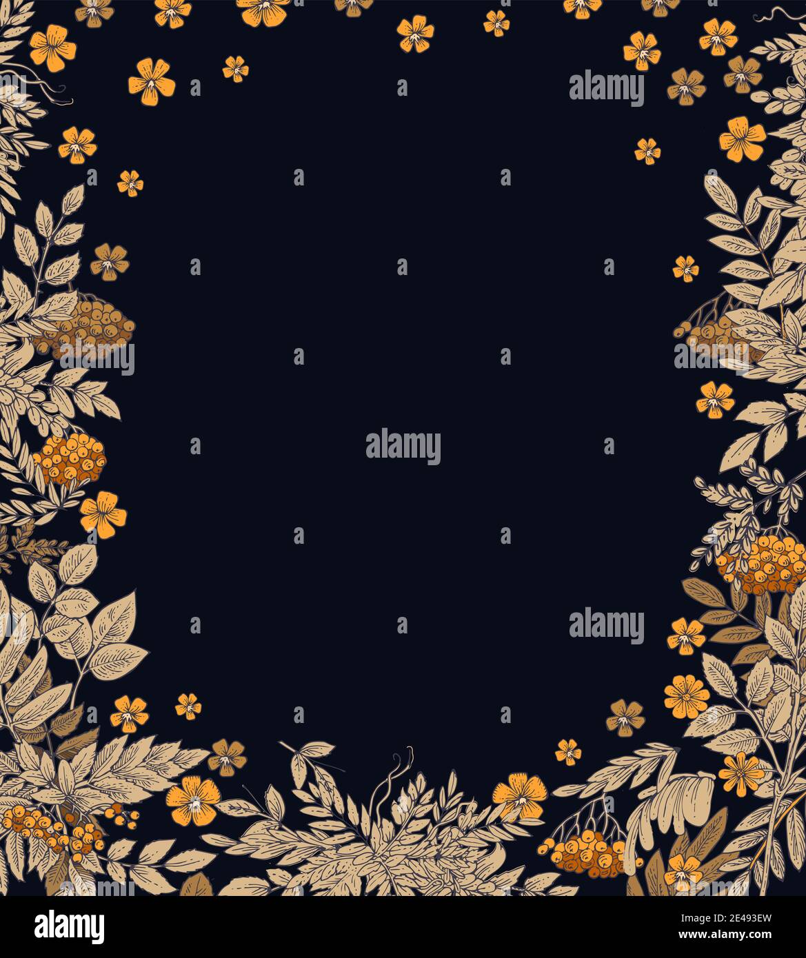 Branches and fruits of mountain ash. Square frame. Background ...