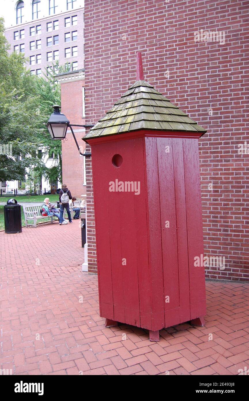 Independence hall Philadelphia USA sentry box red wood wooden pointed ...