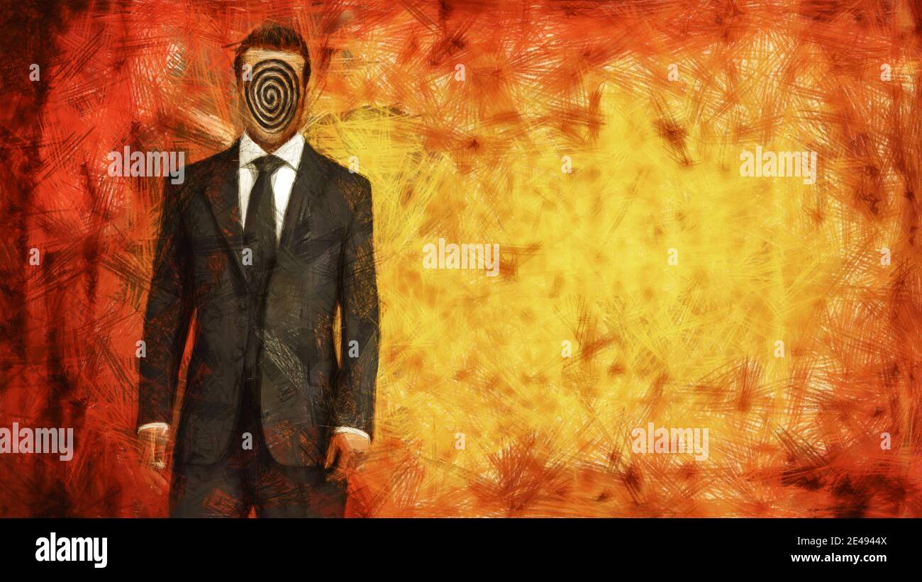 Faceless man in a suit on a fiery background. Hypnotic spiral. Pencil ...