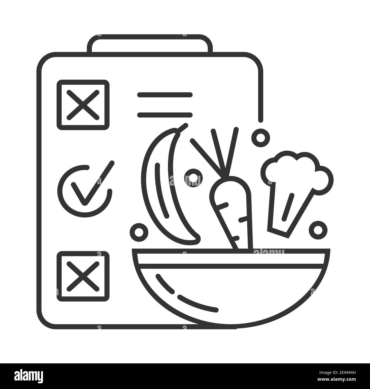 Diet plan icon vector in outline style. Planer with notes and a bowl of ...