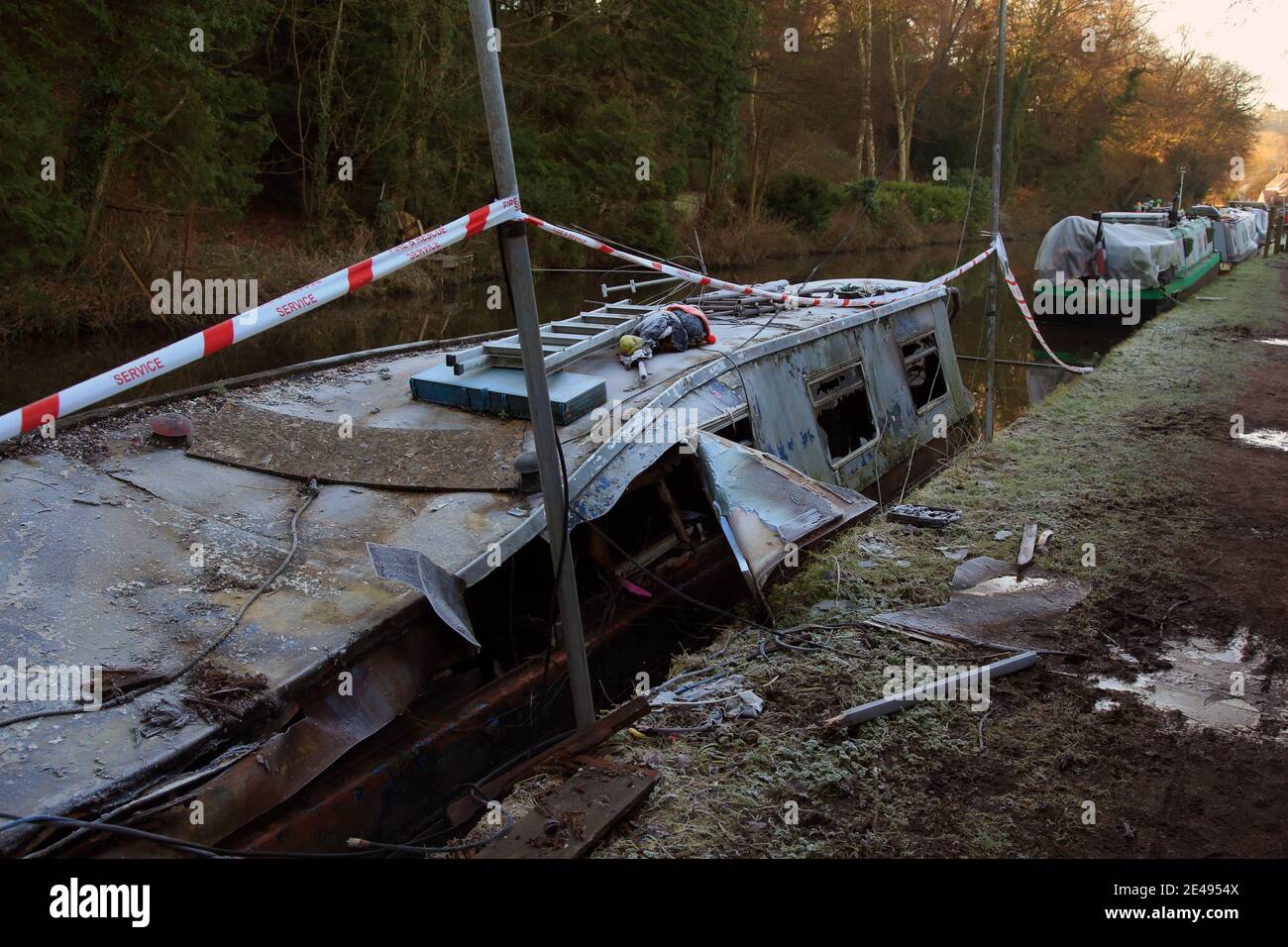 A Narrowboat destroyed by fire on the Staffordshire and Worcestershire ...