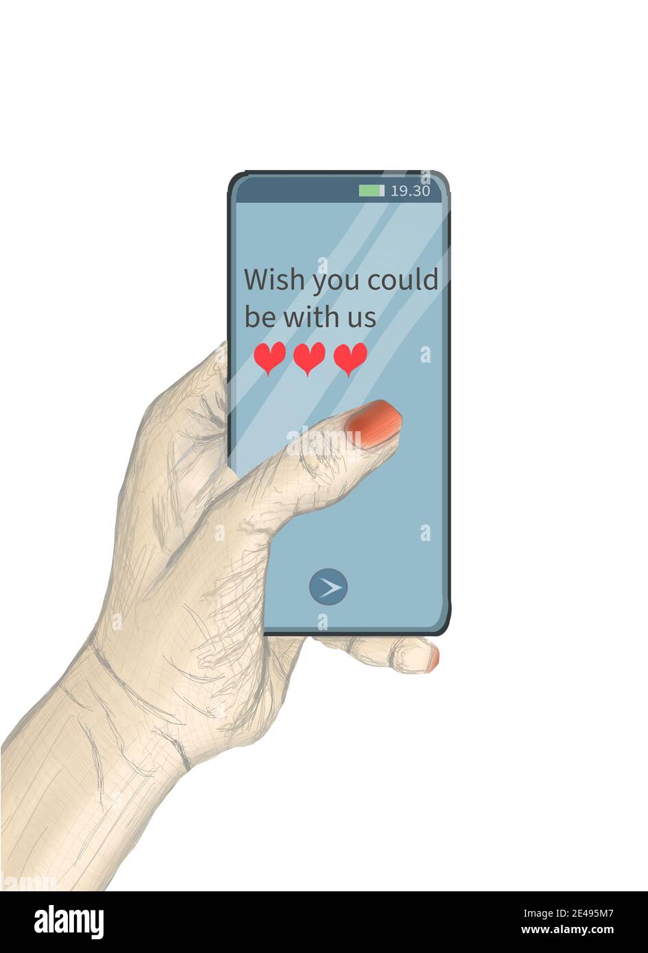 Hand of an old person holding smartphone with message "Wish you could ...