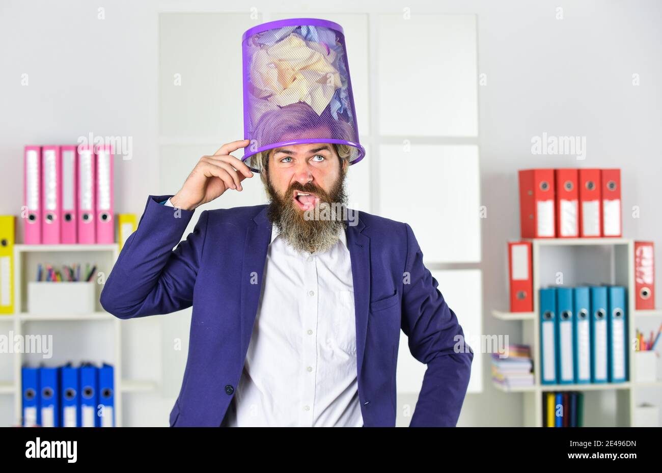 dig in work. businessman hold trashcan. man office look for lost note ...