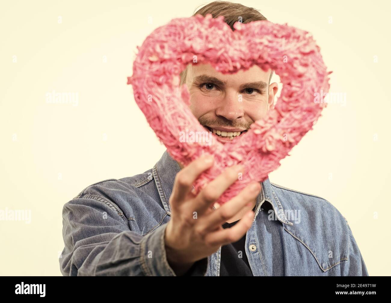 man with big heart. Valentines day party. Happy man with decorative ...