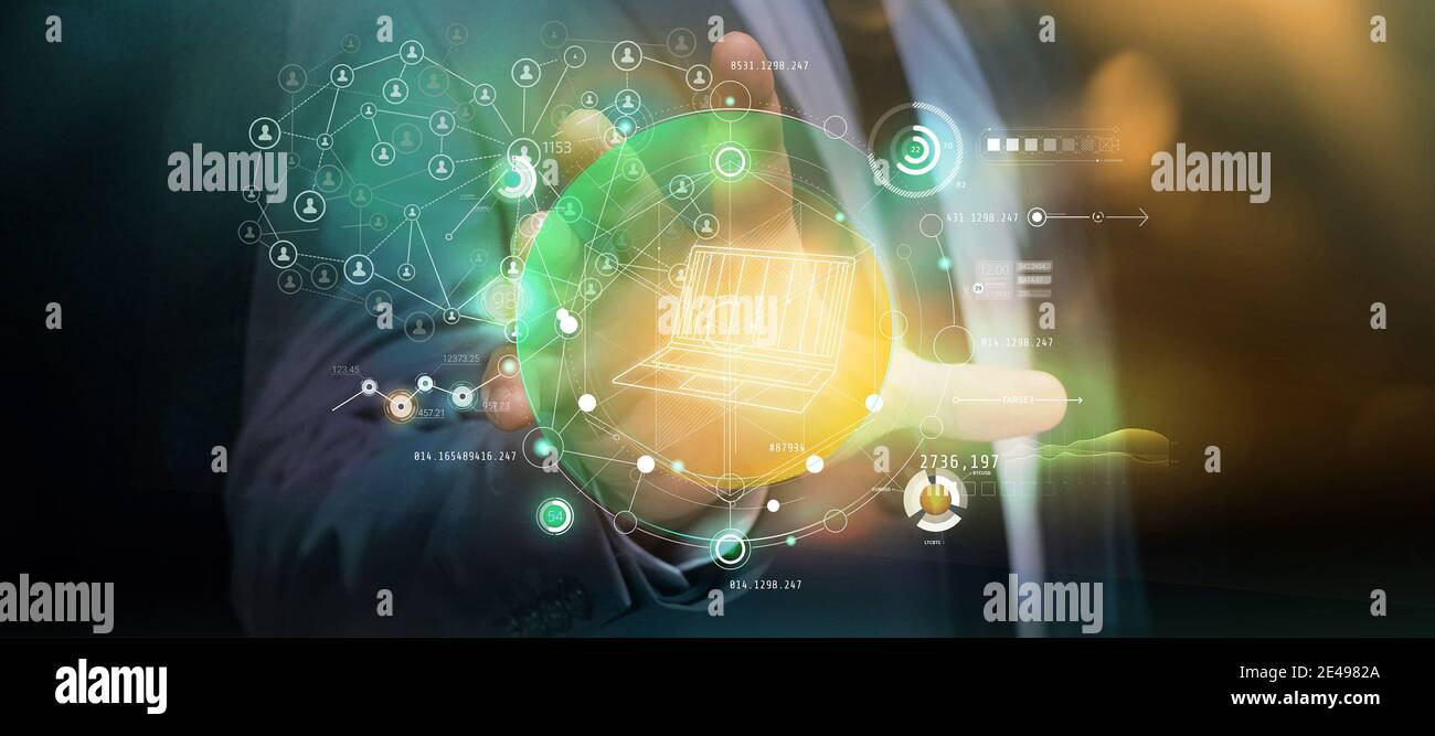 Working with a virtual infographic panel in augmented reality Stock ...