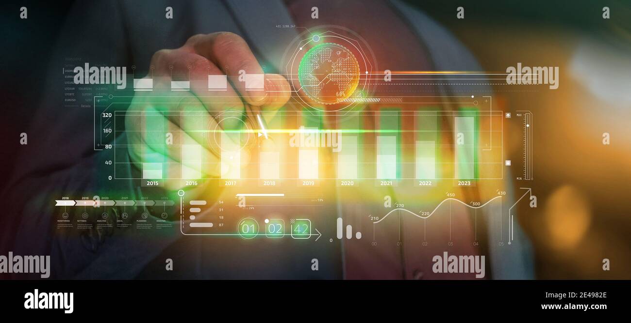 Businessman works stock instruments augmented hi-res stock photography ...