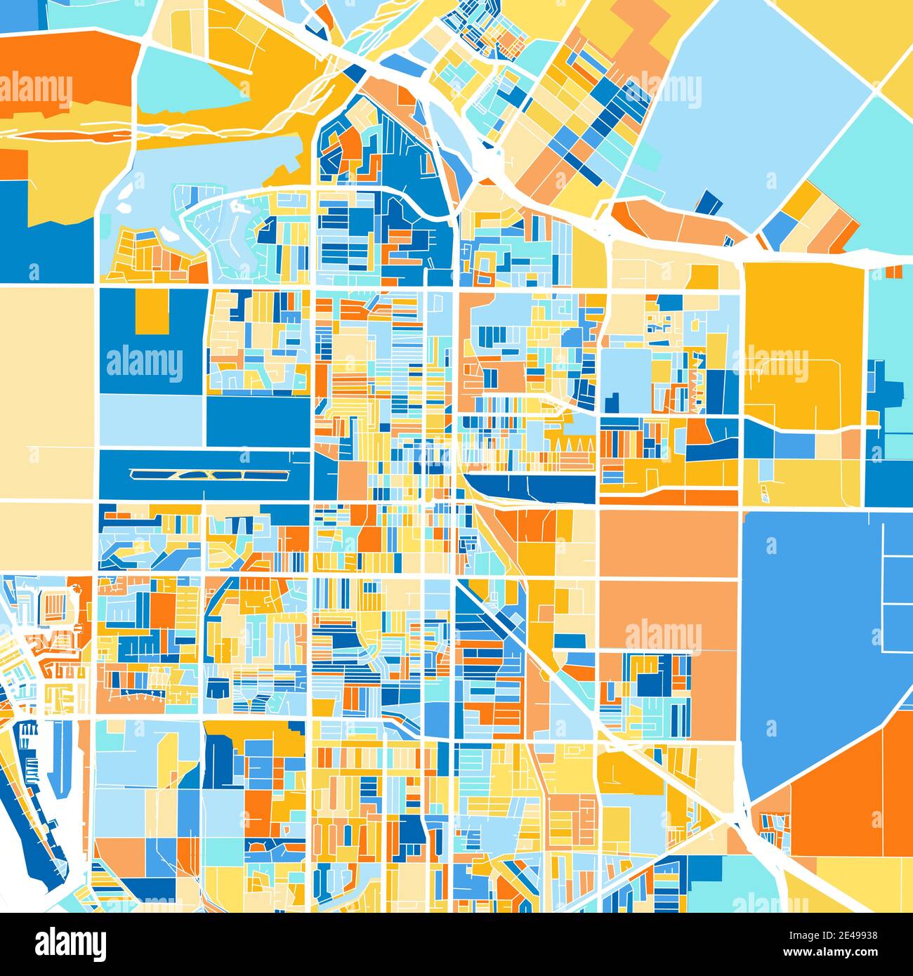 Color art map of Oxnard, California, UnitedStates in blues and oranges ...