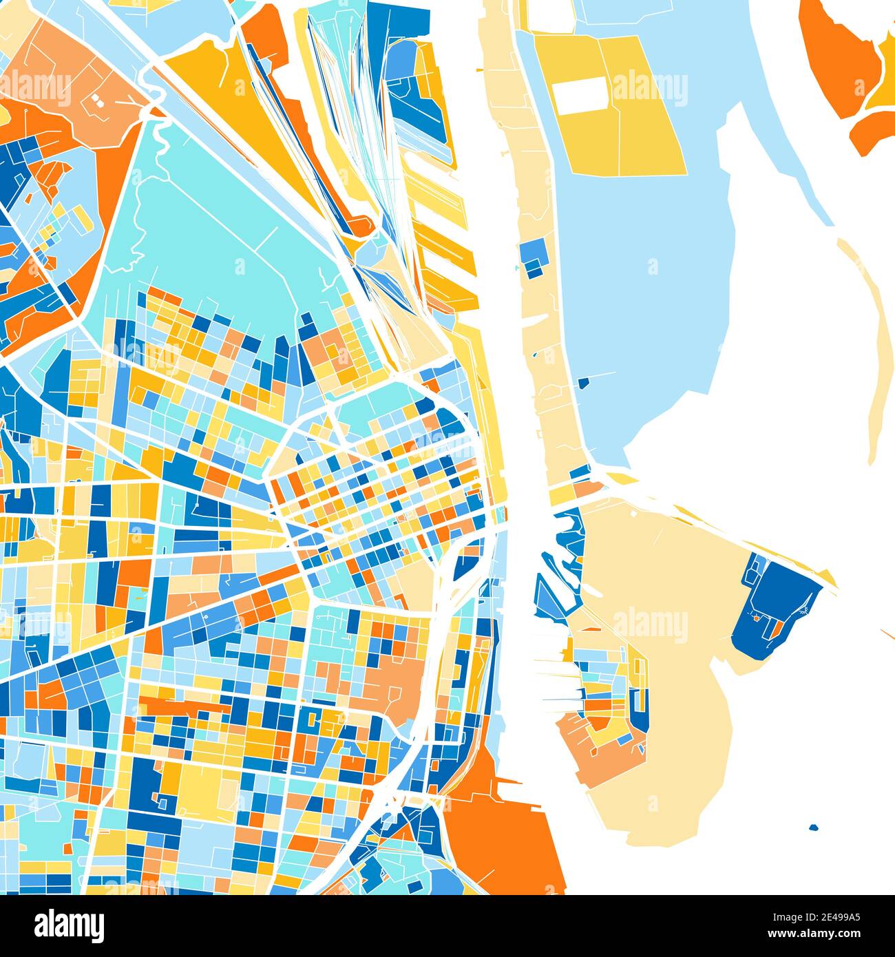 Color art map of Mobile, Alabama, UnitedStates in blues and oranges ...