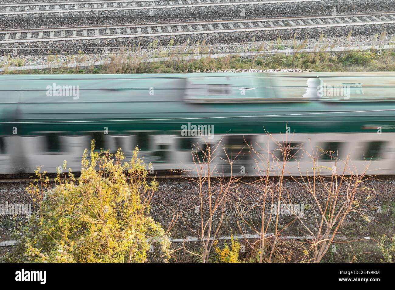 Aerial view of train and the train tracks. Landscape with railroad ...
