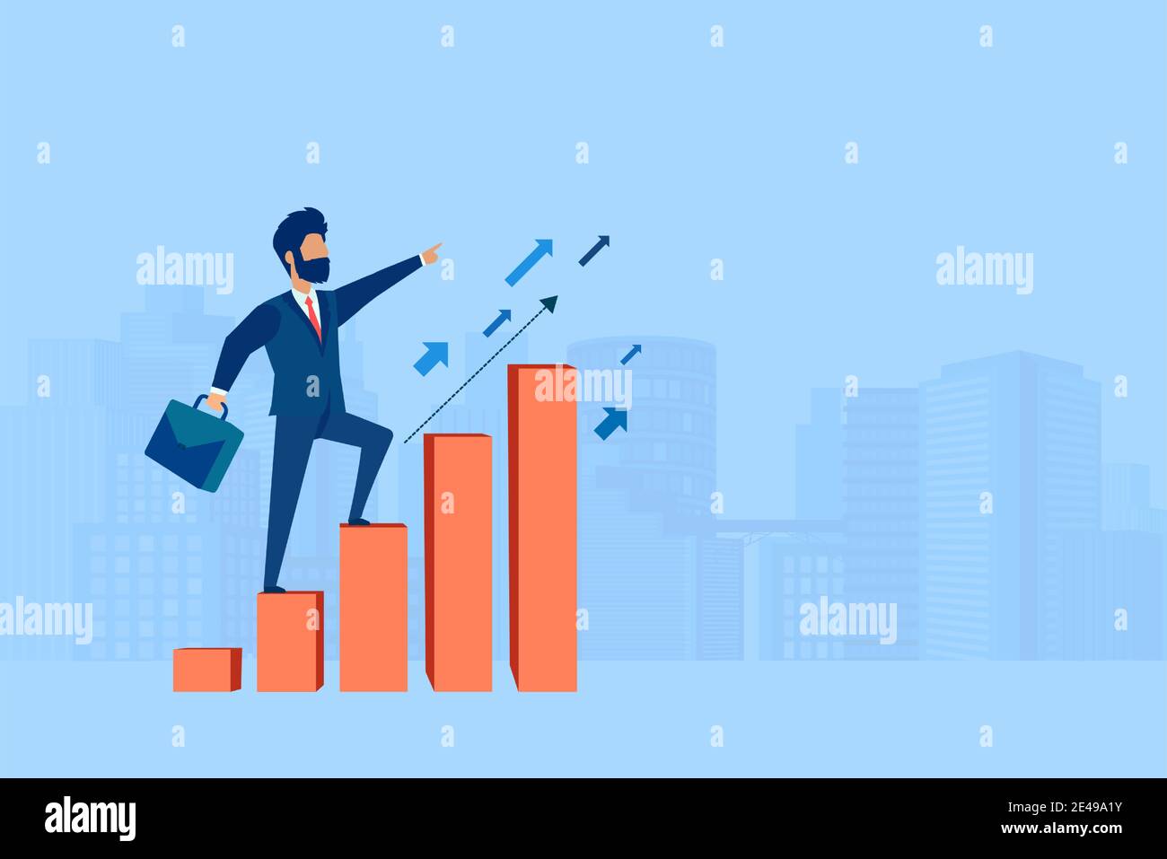 Vector of an ambitious businessman climbing up graph columns on a ...