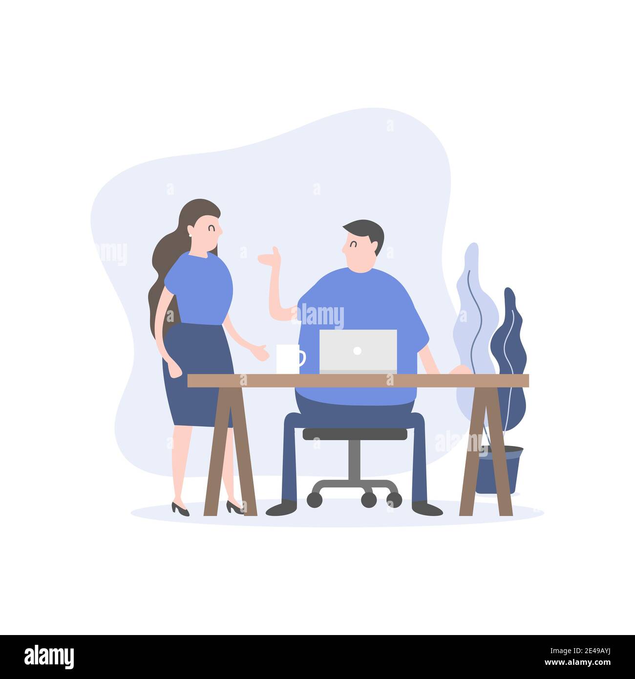 Man and woman company staff talk at the desk. Office worker cartoon ...