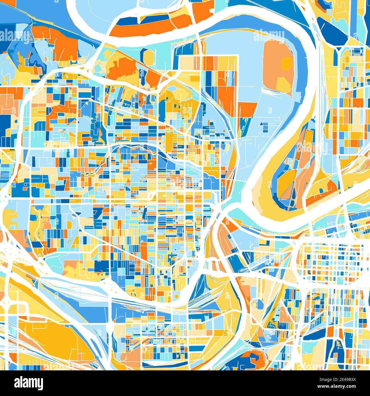 Color art map of KansasCity, Kansas, UnitedStates in blues and oranges ...