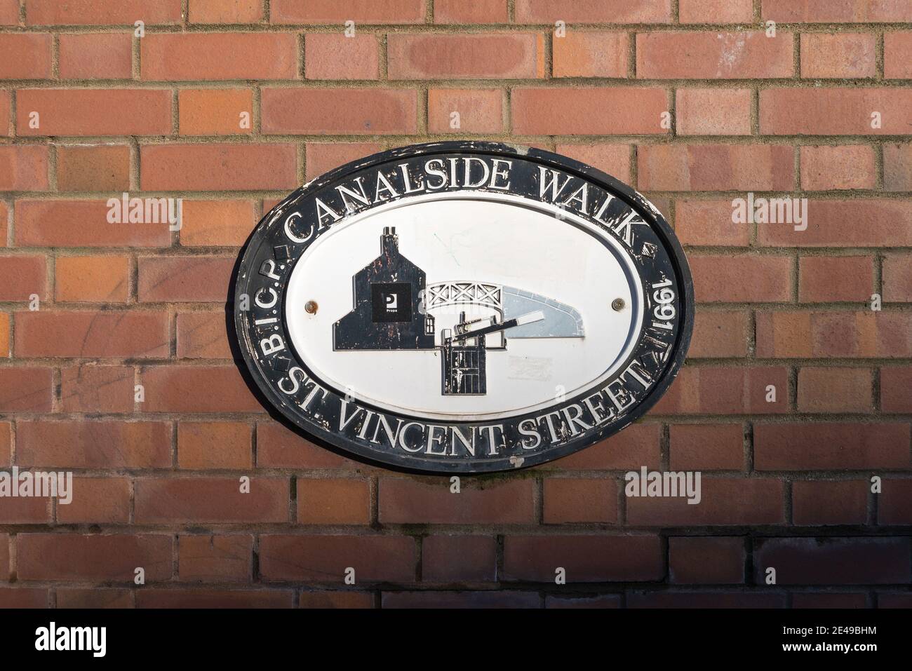 Old sign for canalside walk at St Vincent Street in Birmingham city ...