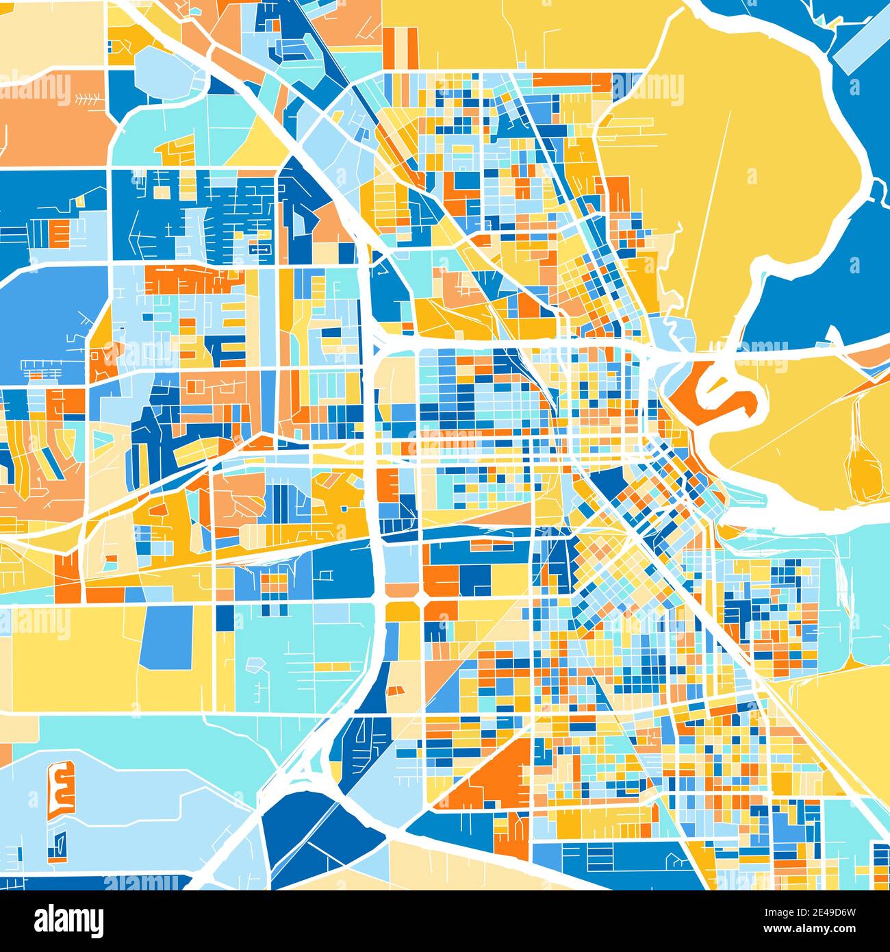 Color art map of Beaumont, Texas, UnitedStates in blues and oranges ...