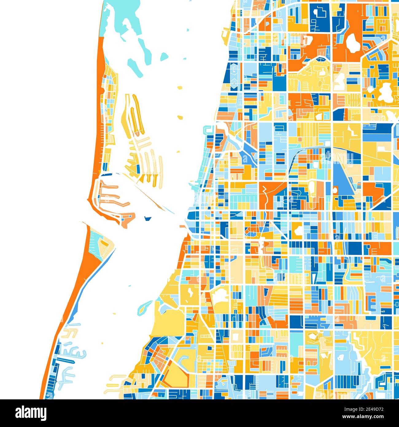 Color art map of Clearwater, Florida, UnitedStates in blues and oranges ...