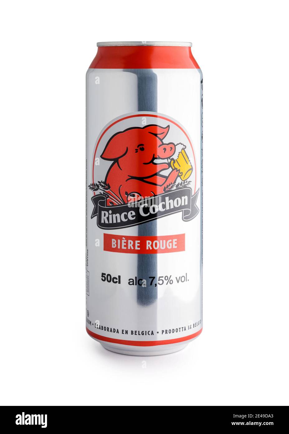 A 50cl can of red Rince Cochon beer on white background. The red Rince ...