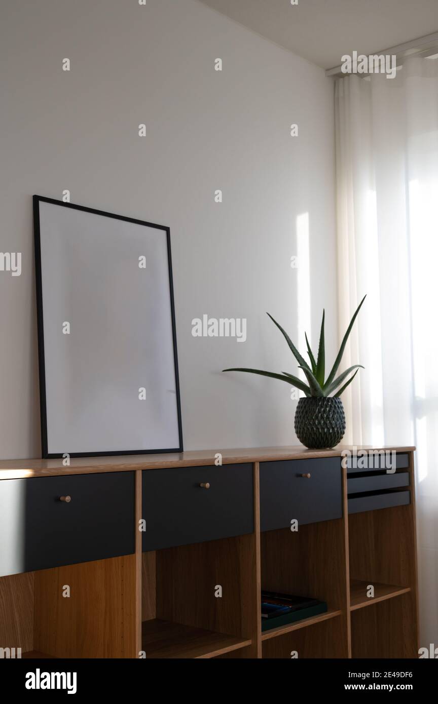 Sideboard with plant in pot, some books and an empty frame in modern ...