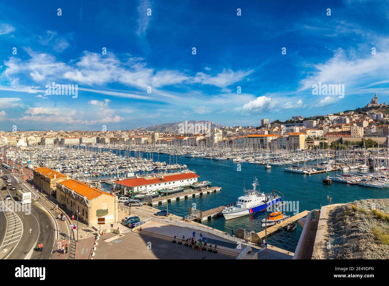Aerial panoramic view on basilica of Notre Dame de la Garde and old ...