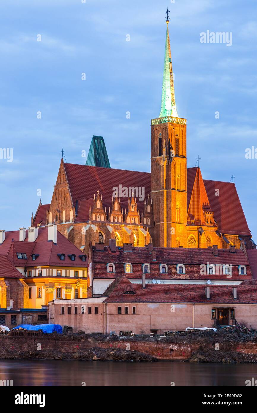 A cityscape cathedral, river Odra. Wroclaw, Poland, at dusk Stock Photo ...