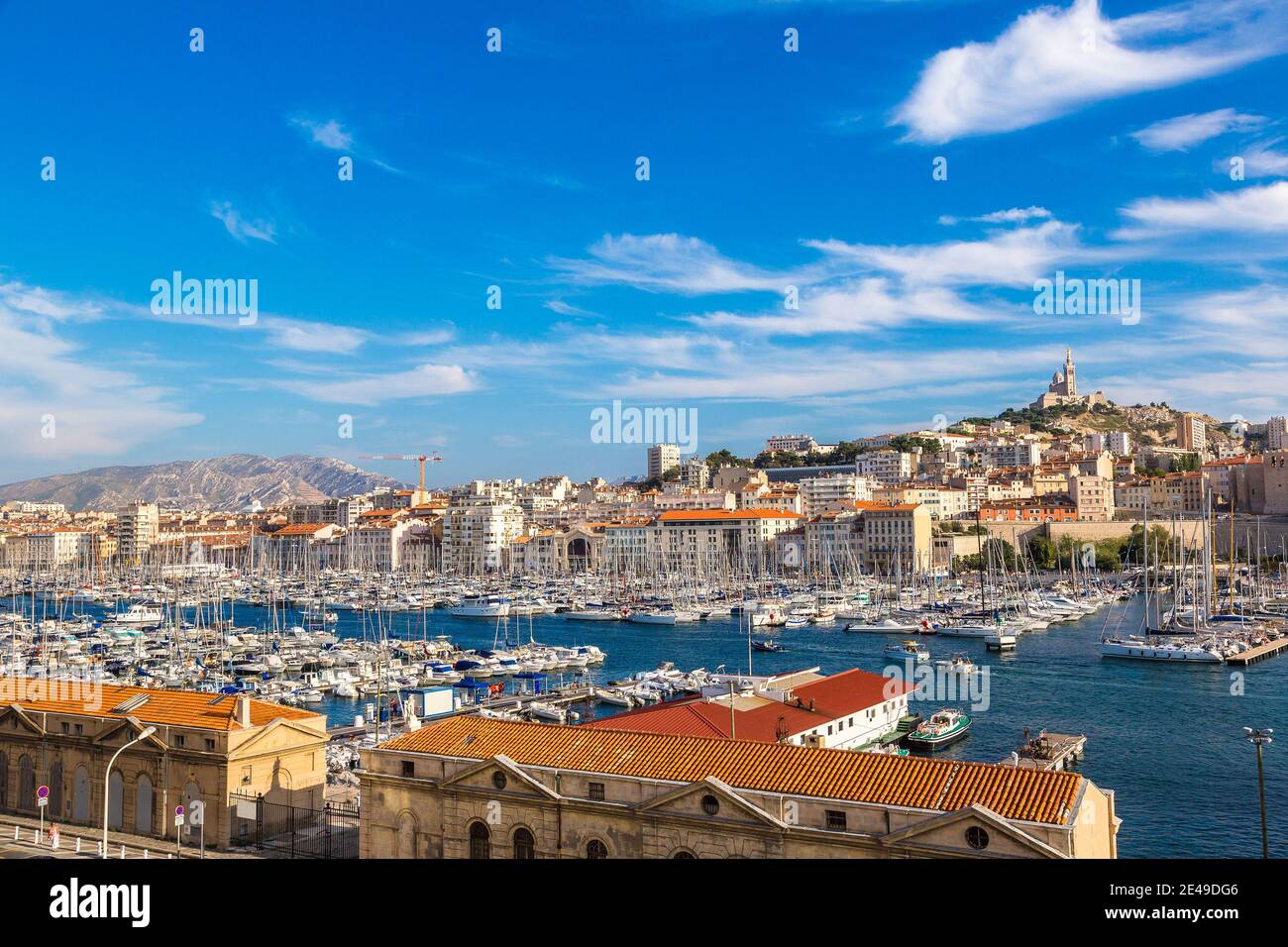 Aerial panoramic view on basilica of Notre Dame de la Garde and old ...