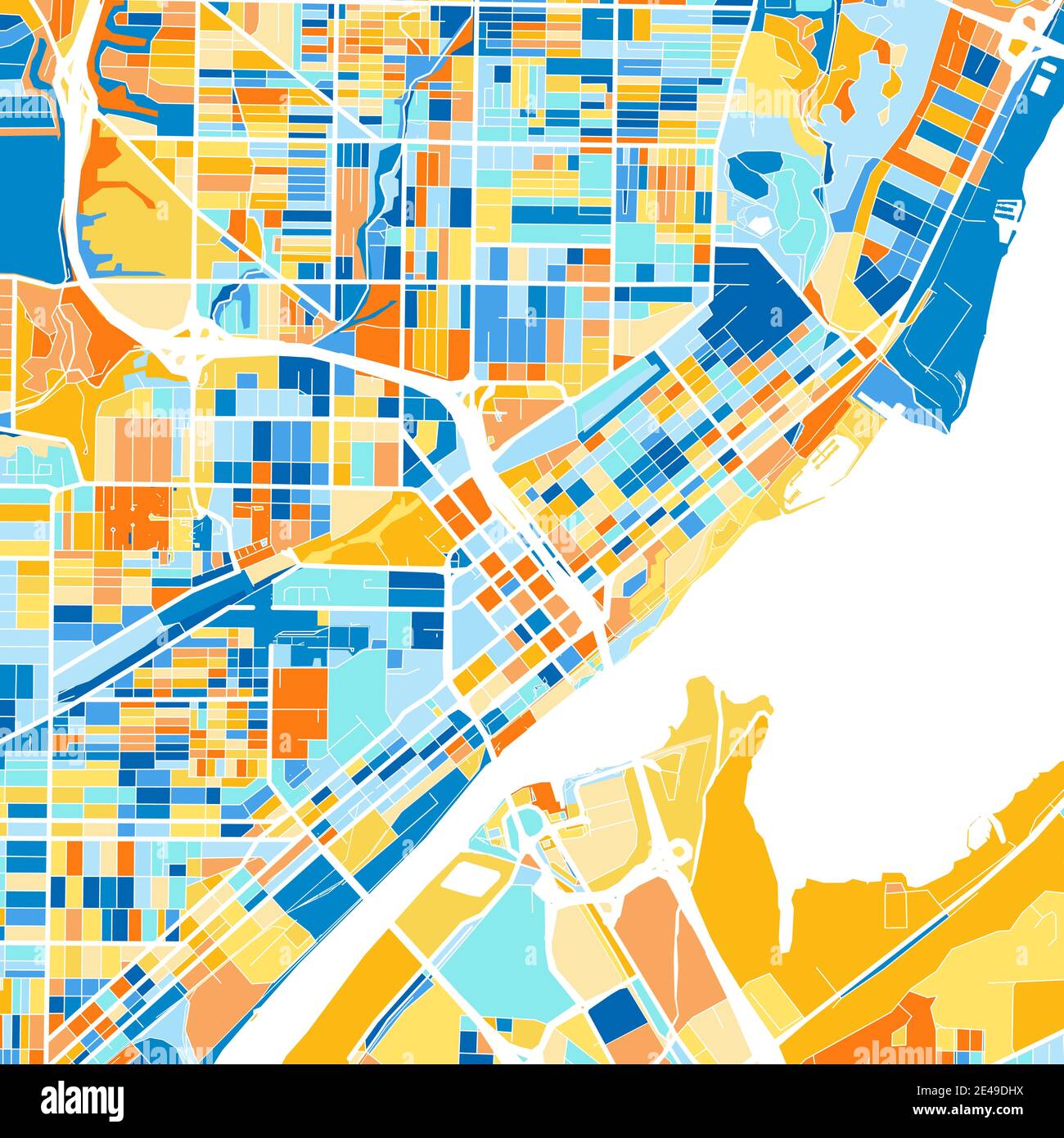 Color art map of Peoria, Illinois, UnitedStates in blues and oranges ...