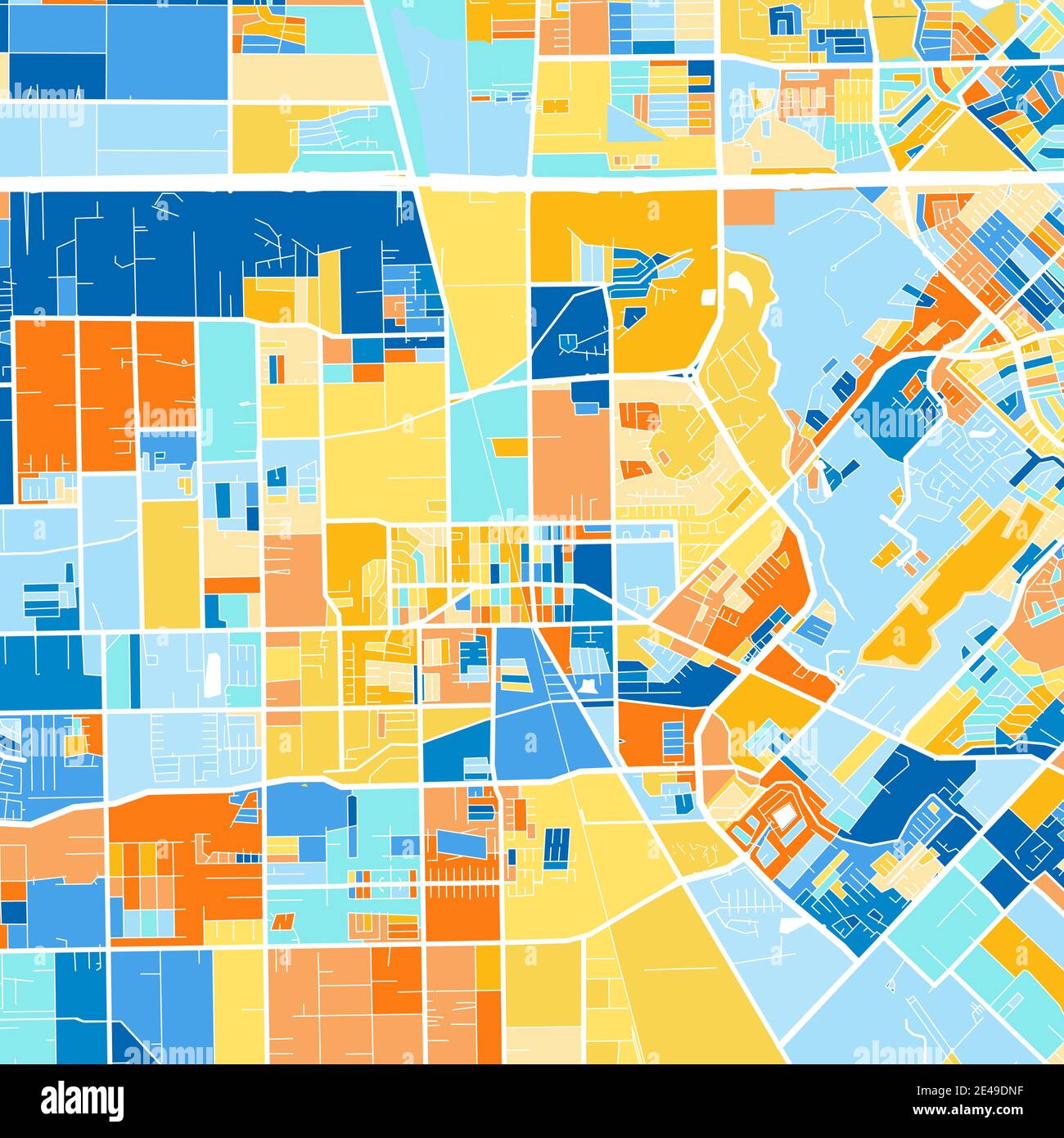 Color art map of Pearland, Texas, UnitedStates in blues and oranges ...