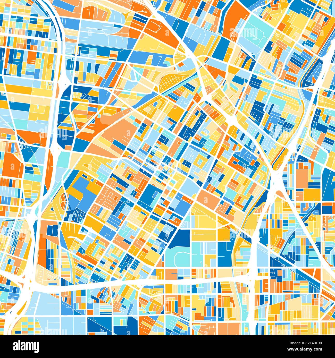 Color art map of Downey, California, UnitedStates in blues and oranges ...