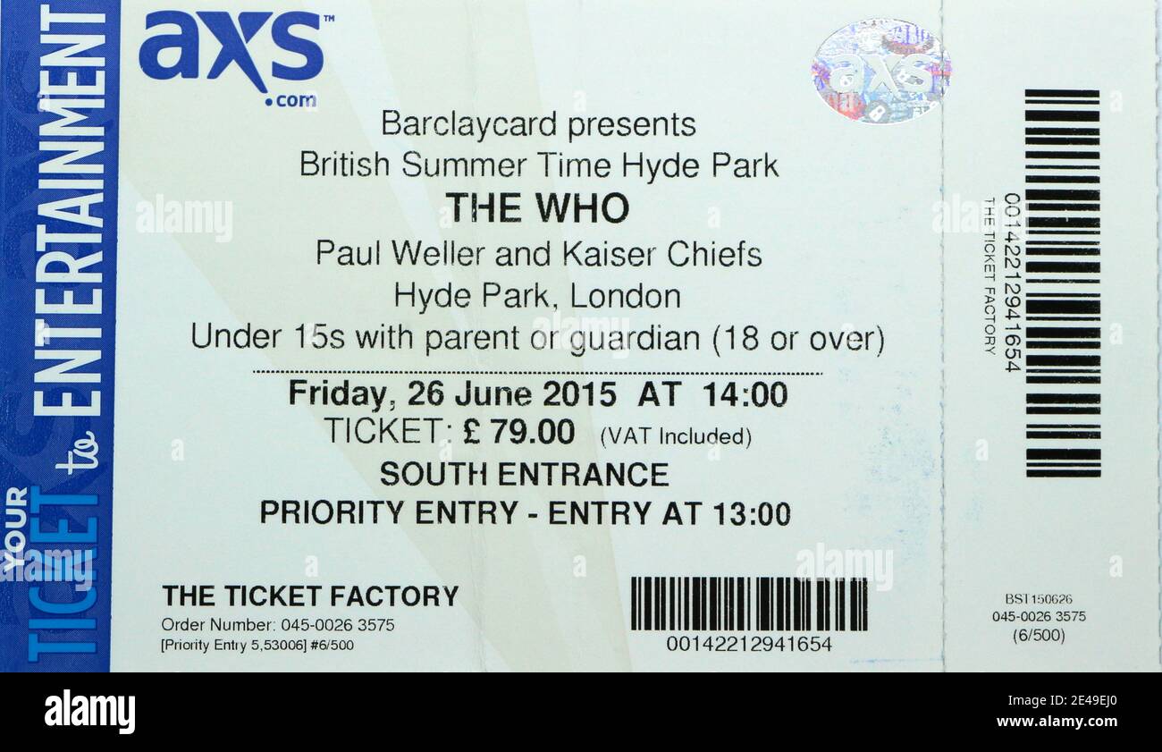 Entrance Ticket for the The Who with Paul Weller and The Kaiser Chiefs ...