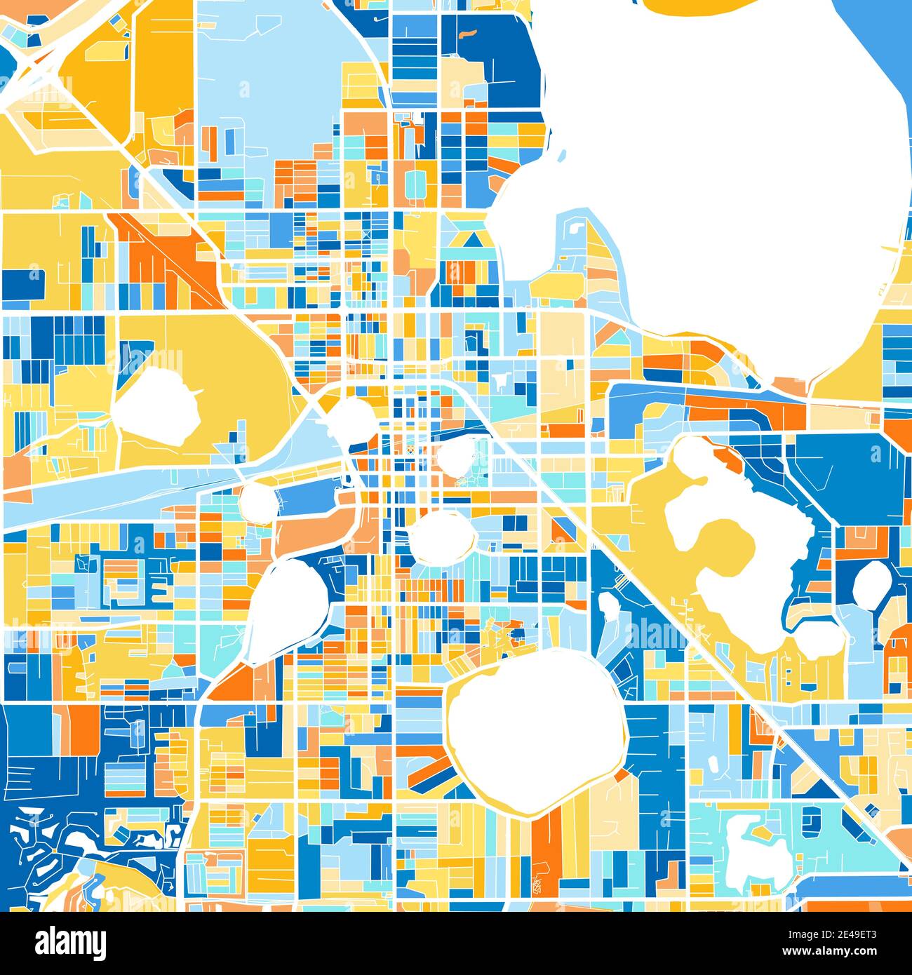 Color art map of Lakeland, Florida, UnitedStates in blues and oranges ...
