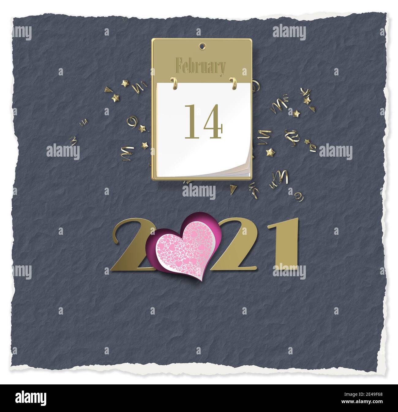 14 February 2021 Valentine card. Gold 2021, calendar with 14 February ...
