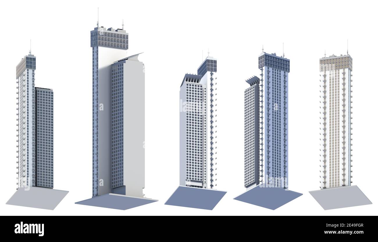 Set of 5 renders of fictional design abstract skyscrapers living towers ...