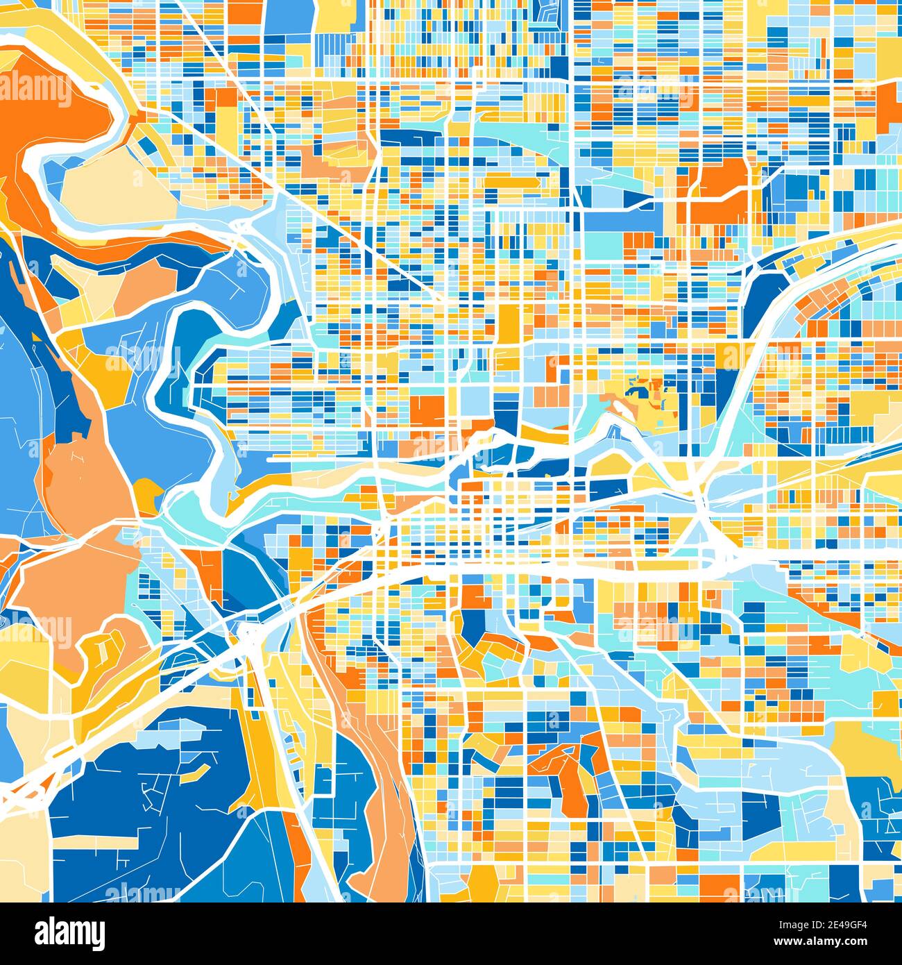 Color art map of Spokane, Washington, UnitedStates in blues and oranges ...