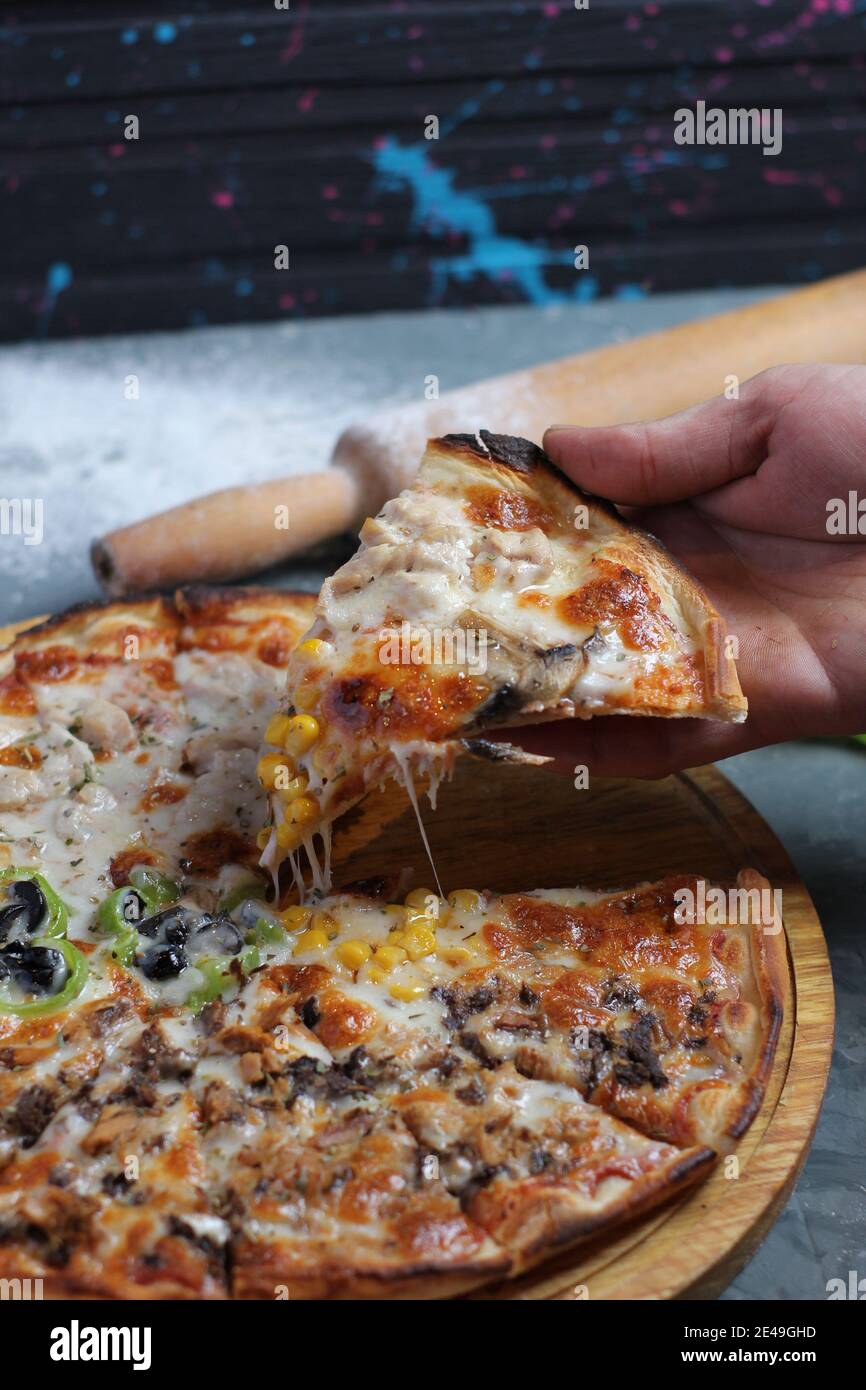 Homemade Meat Loves Pizza with Pepperoni Sausage and Bacon Stock Photo ...
