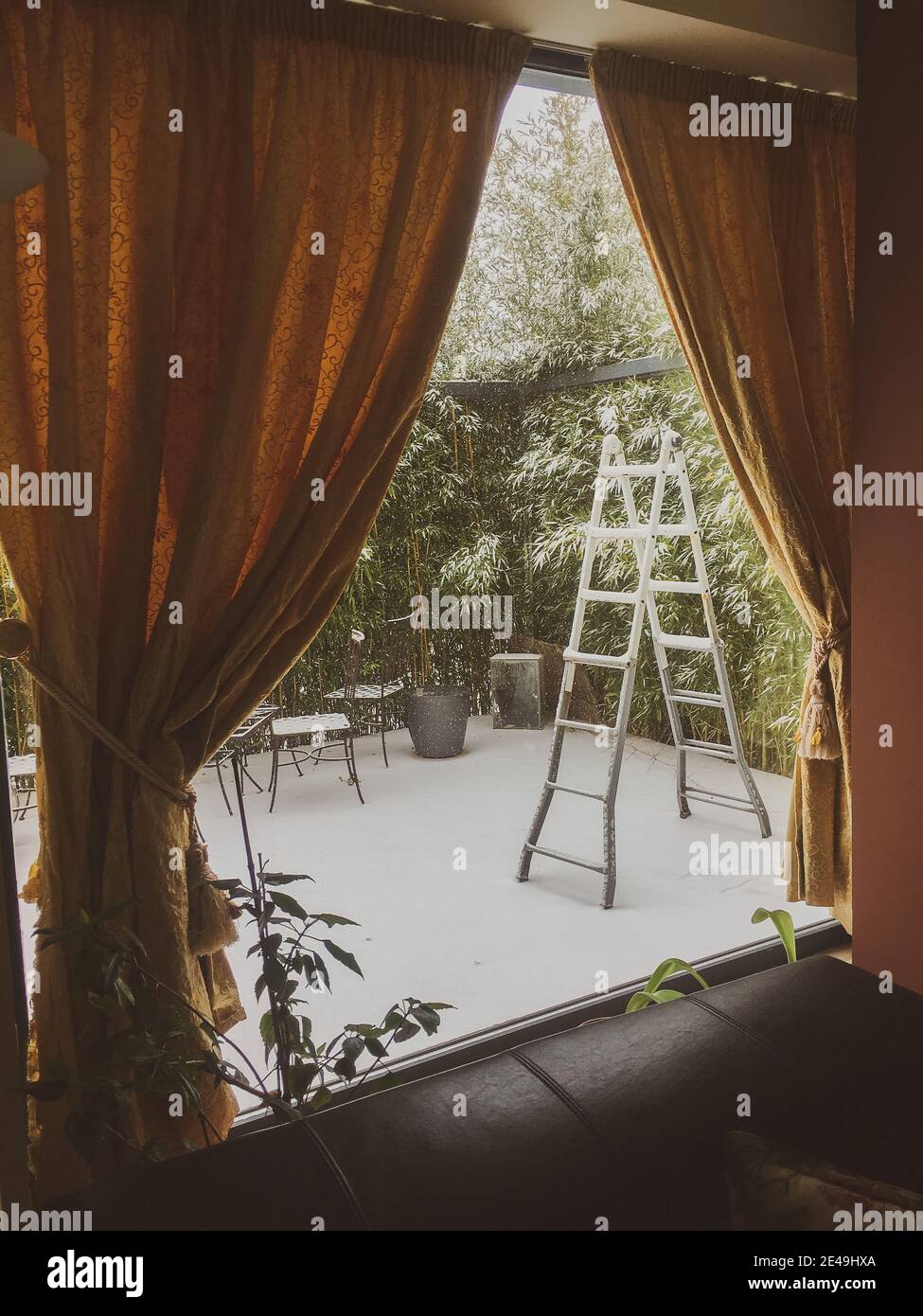 house window with yellow curtains and a ladder outside on snowy day ...
