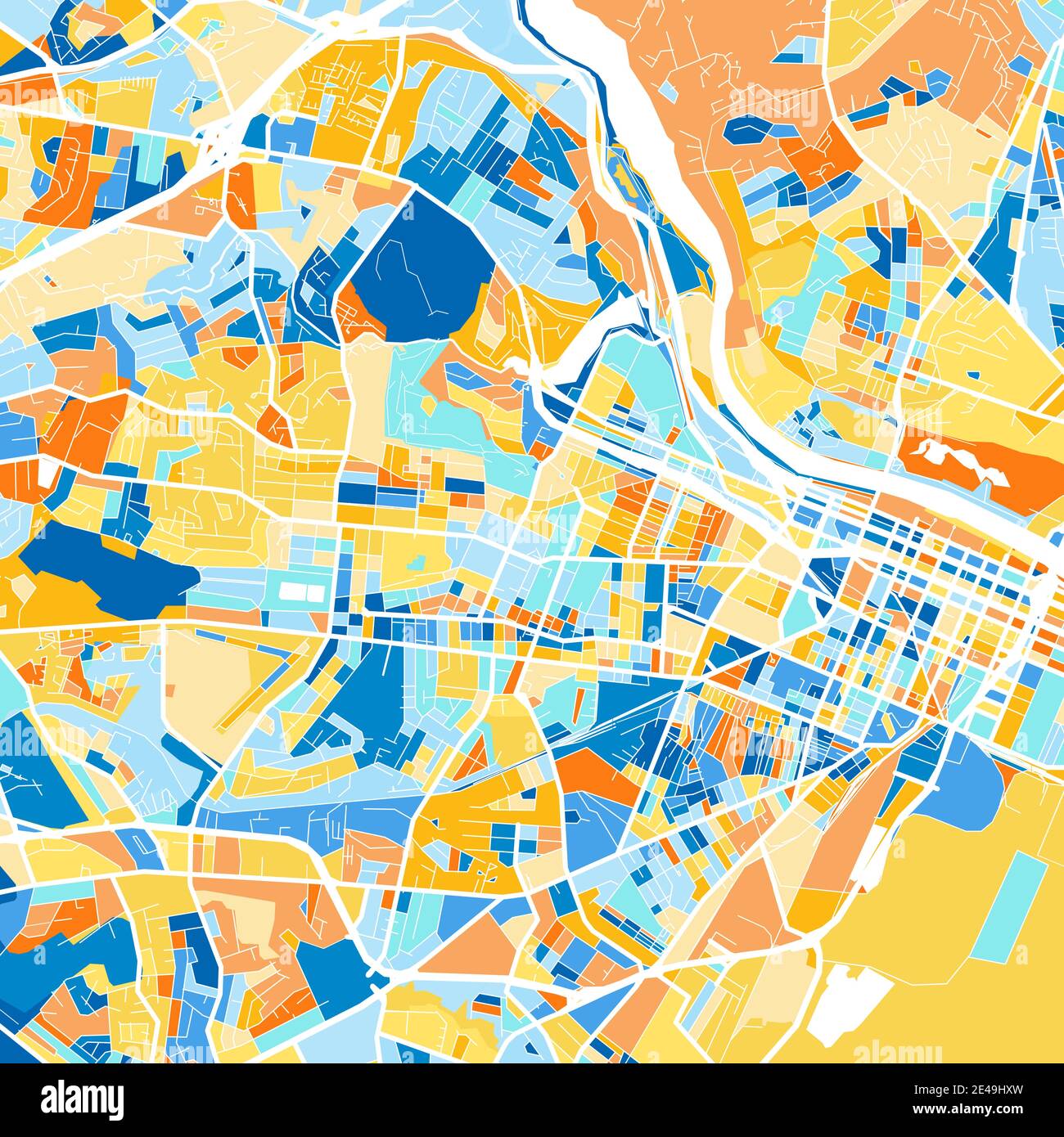 Color art map of Augusta, Georgia, UnitedStates in blues and oranges ...