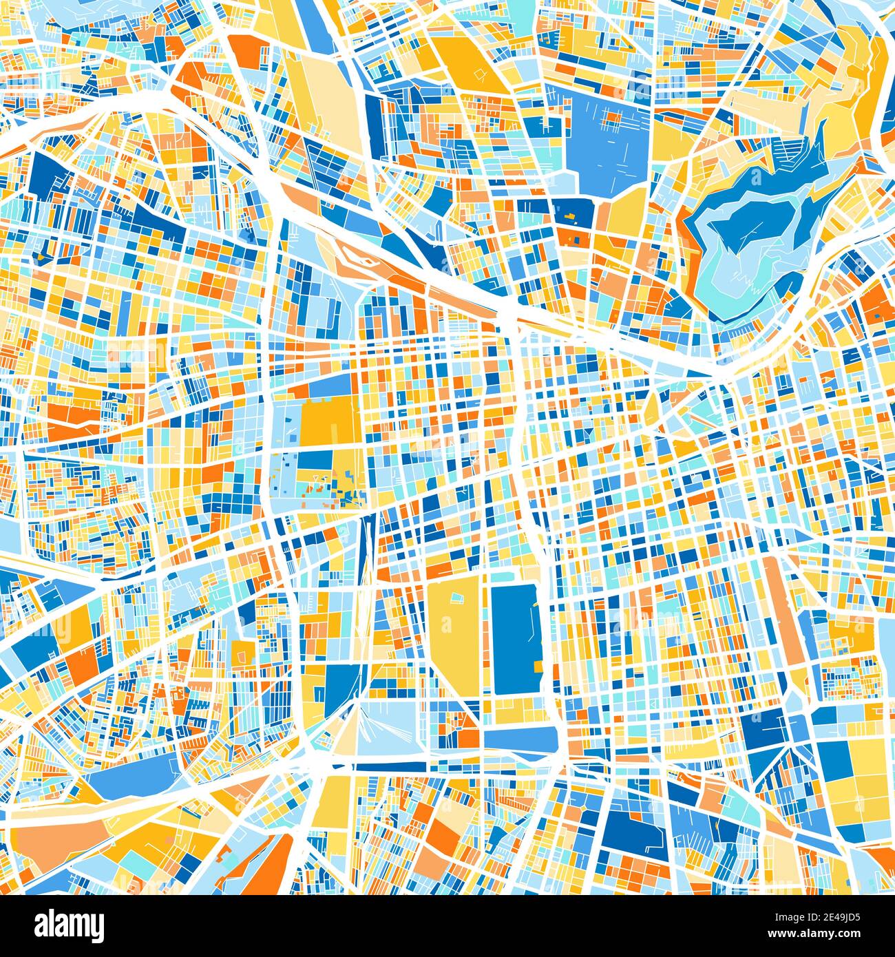 Color art map of Santiago, Chile, Chile in blues and oranges. The color ...