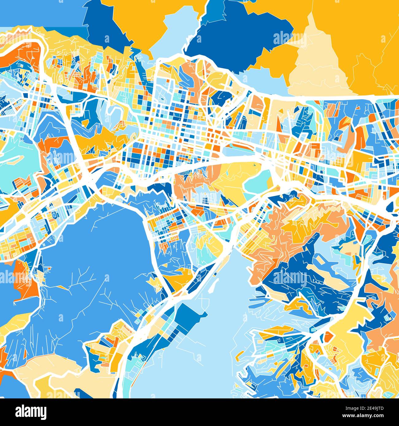Color art map of Caracas, Venezuela, Venezuela in blues and oranges ...