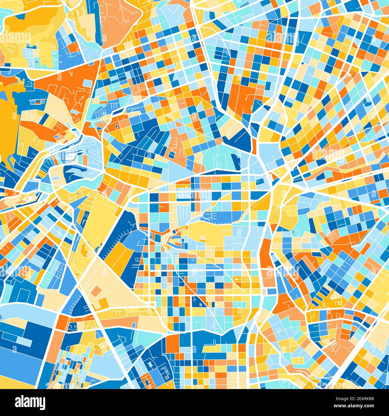 Color art map of Curitiba, Brazil, Brazil in blues and oranges. The ...