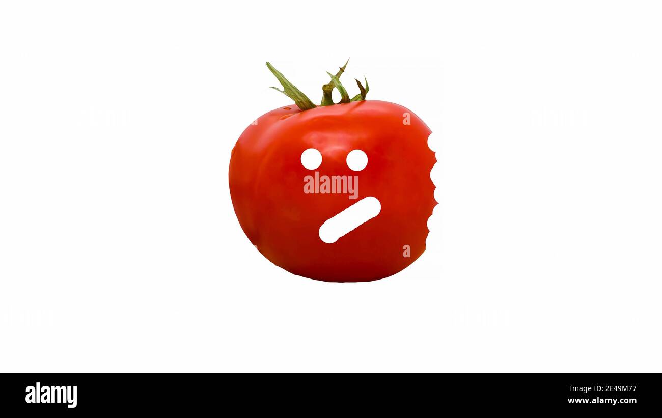 Bitten tomato with eyes, tomato is isolated on a white background ...