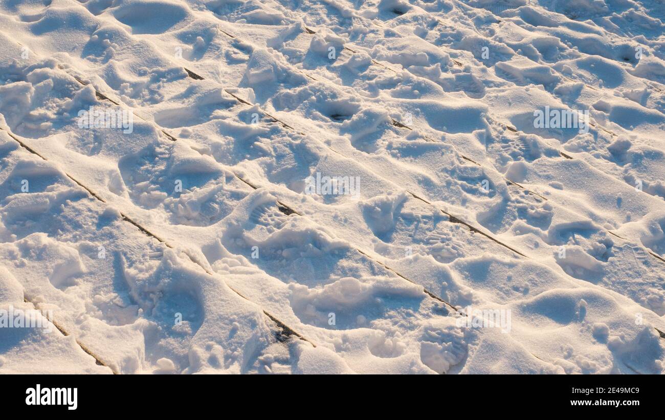Snowy background, footprints in the snow, steps in the snow Stock Photo ...
