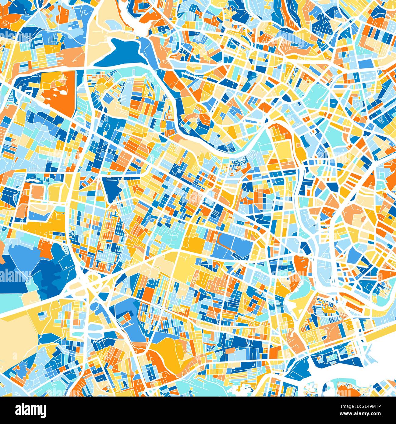 Color art map of Recife, Brazil, Brazil in blues and oranges. The color ...