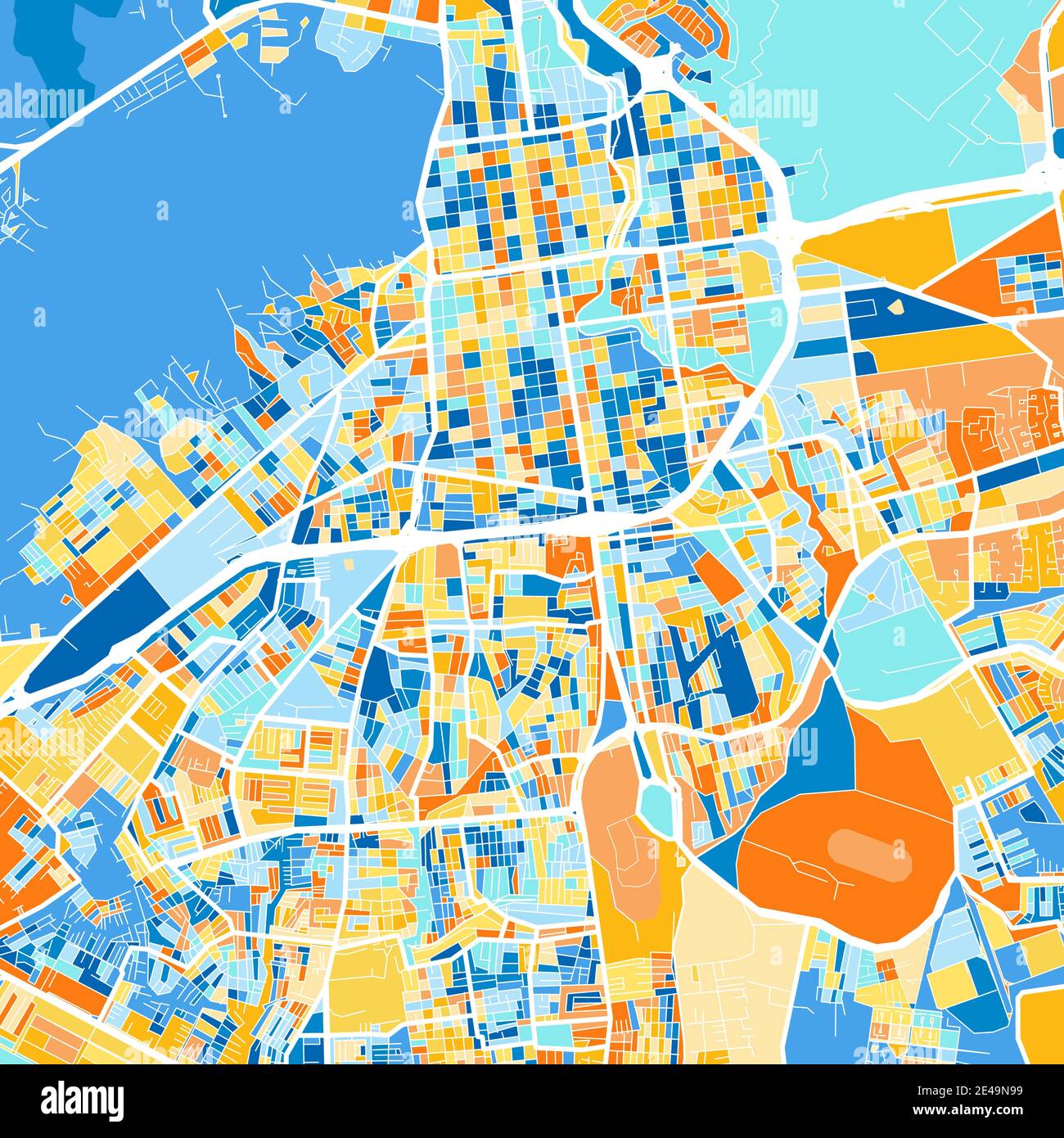 Color art map of Valencia, Venezuela, Venezuela in blues and oranges ...