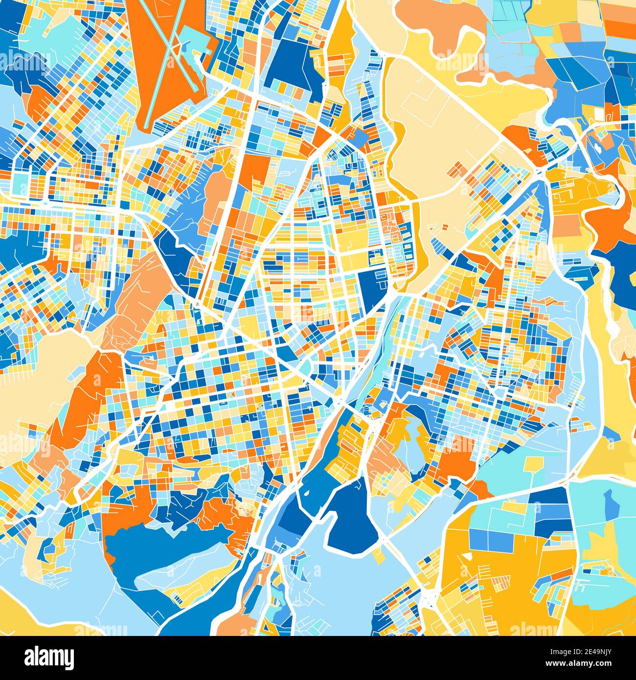 Color art map of Cucuta, Colombia, Colombia in blues and oranges. The ...