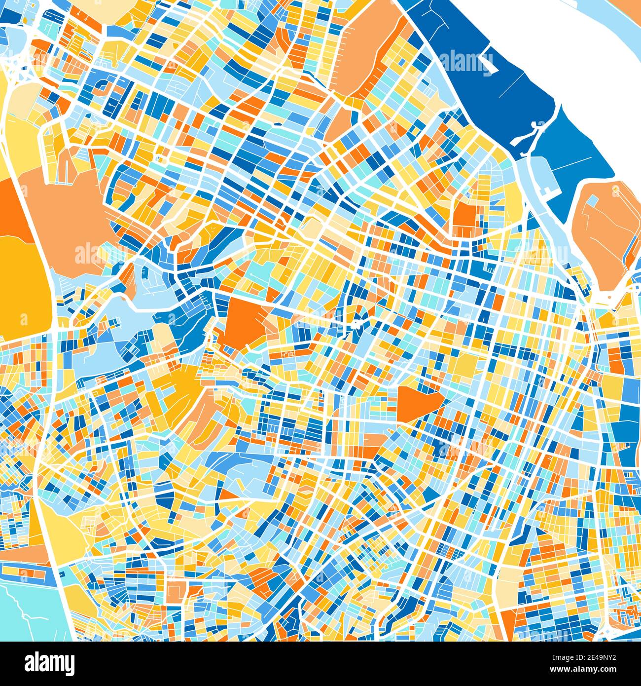 Color art map of Barranquilla, Colombia, Colombia in blues and oranges ...